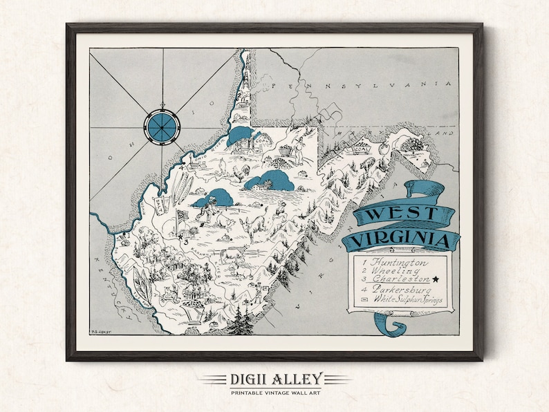 Pictorial Map of West Virginia – Digital Download PRINTABLE Vintage Fun ...