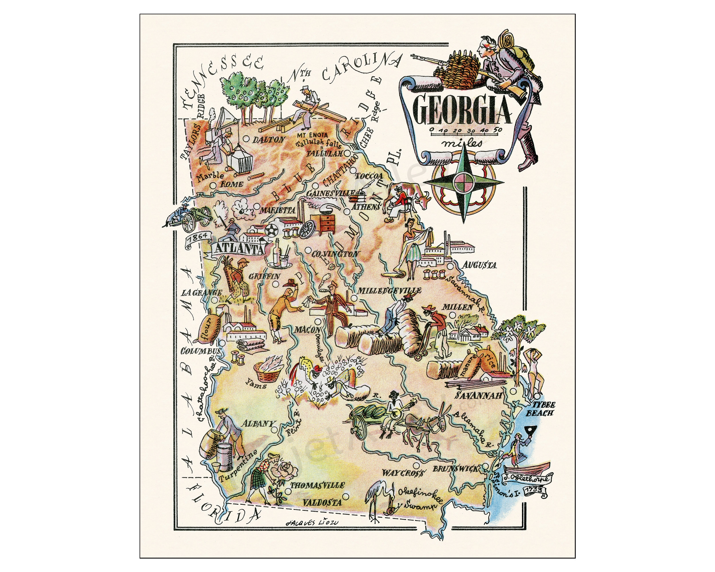 Fun State Map of Georgia – Digital Download PRINTABLE Vintage Pictorial ...