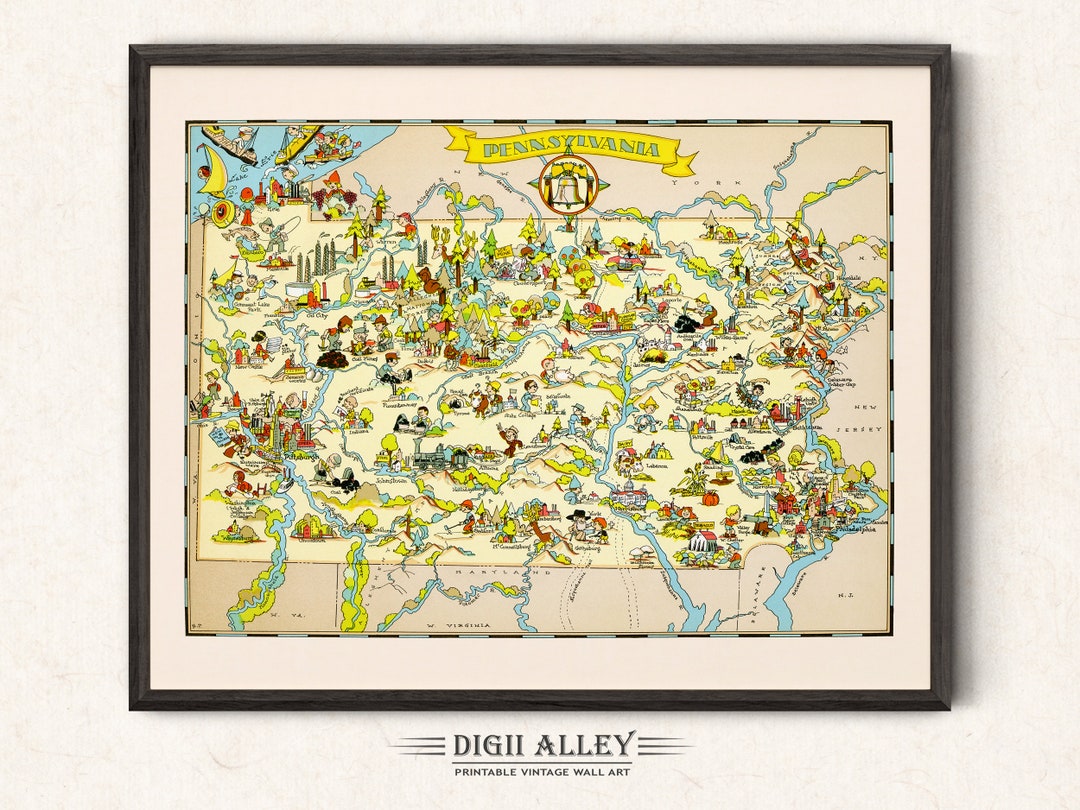 Fun State Map of Pennsylvania – Digital Download PRINTABLE Vintage ...