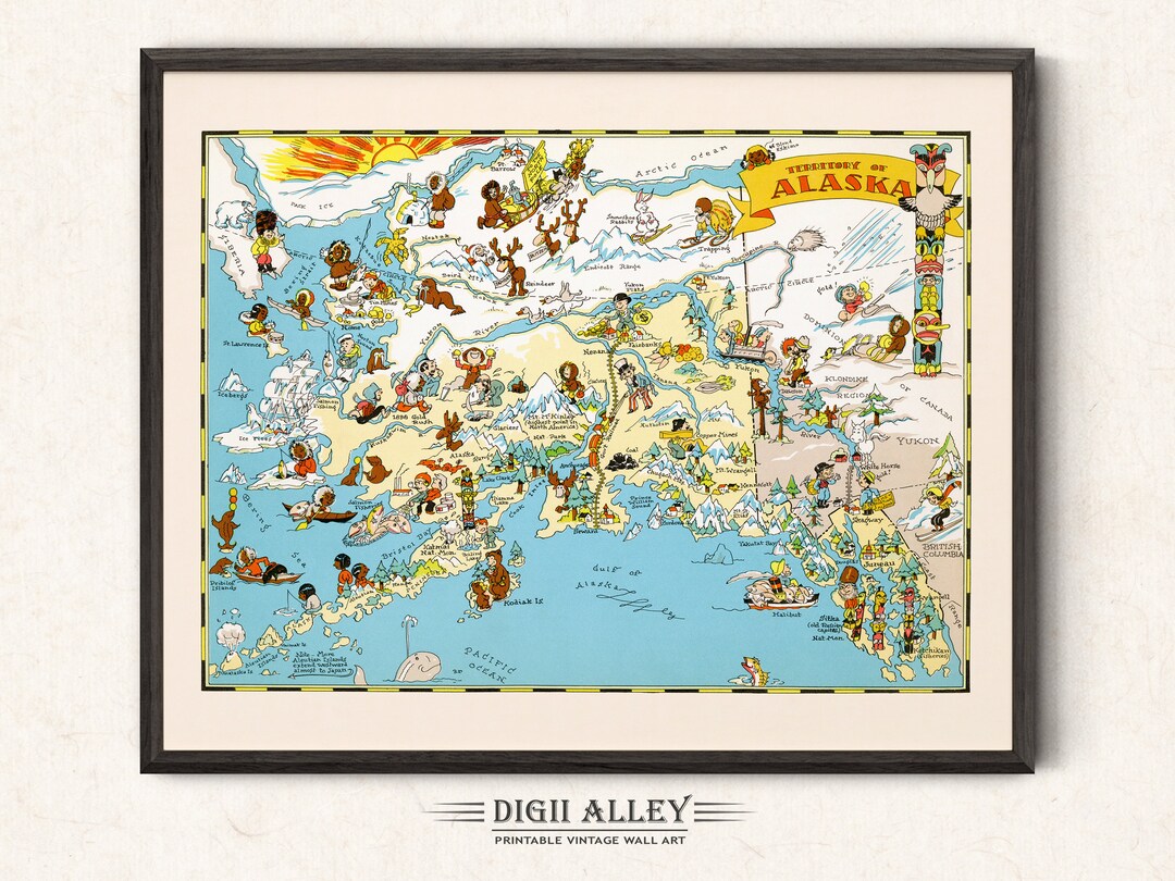 Fun State Map of Alaska – Digital Download PRINTABLE Vintage Pictorial ...