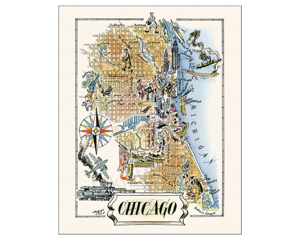 Fun Map of Chicago Illinois – Digital Download PRINTABLE Vintage Wall ...