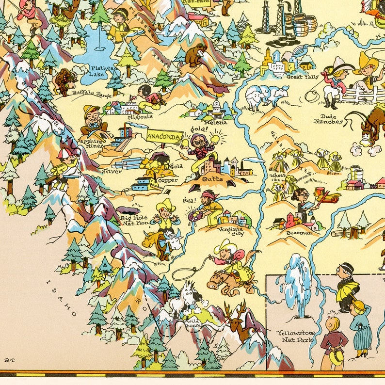 Fun State Map of Montana – Digital Download PRINTABLE Vintage Pictorial ...