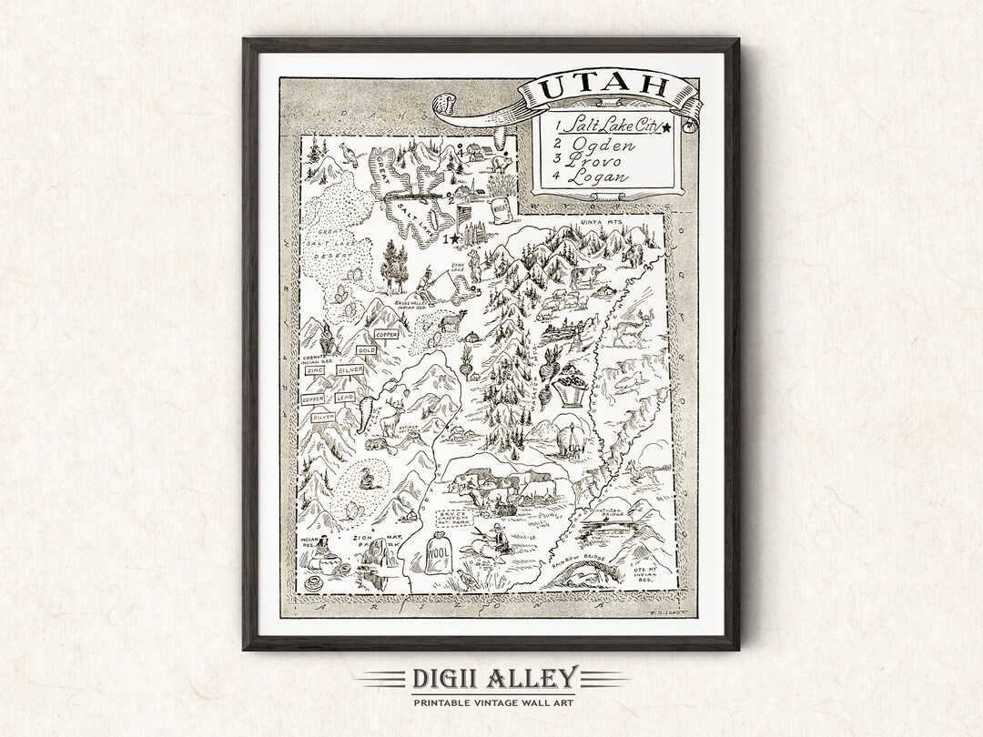 Pictorial State Map of Utah – Digital Download PRINTABLE Vintage Fun ...