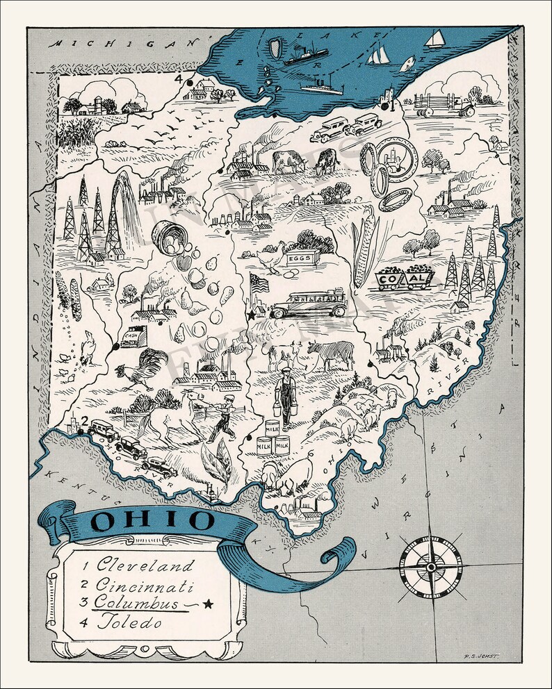 Pictorial Map of Ohio – Digital Download PRINTABLE Vintage Fun Old Wall ...
