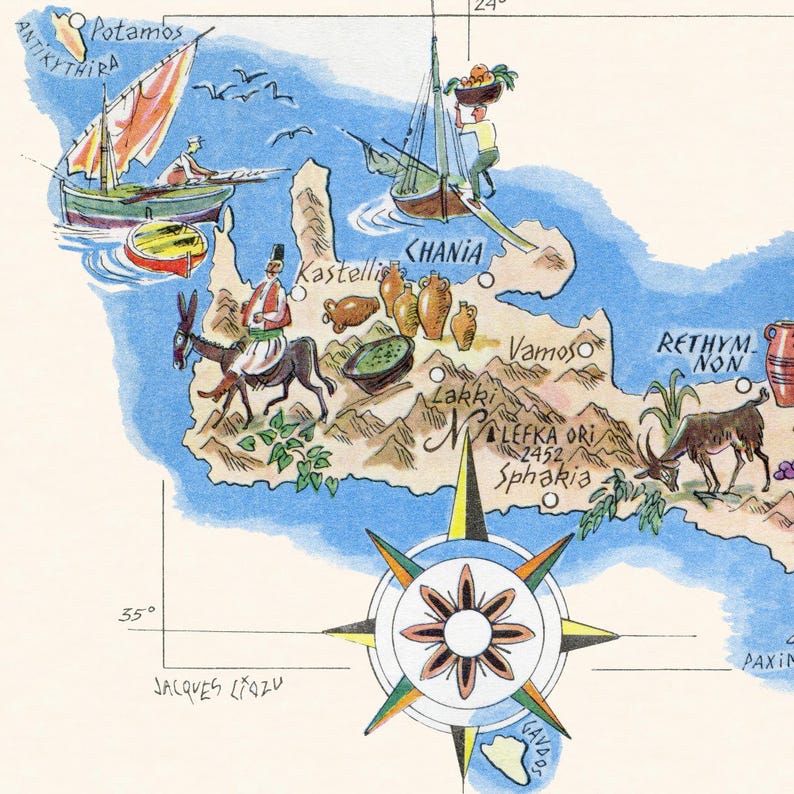 Fun Map of Crete a Greek Island – Digital Download PRINTABLE Vintage ...