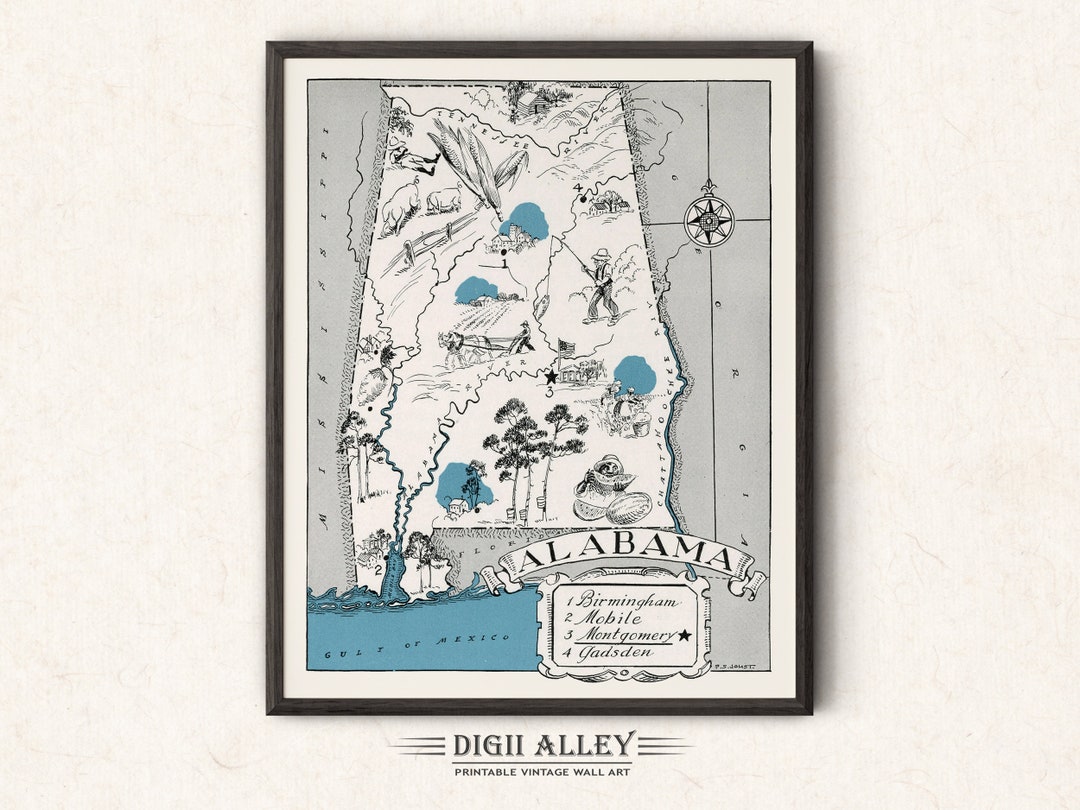 Pictorial Map of Alabama – Digital Download PRINTABLE Vintage Fun Old ...