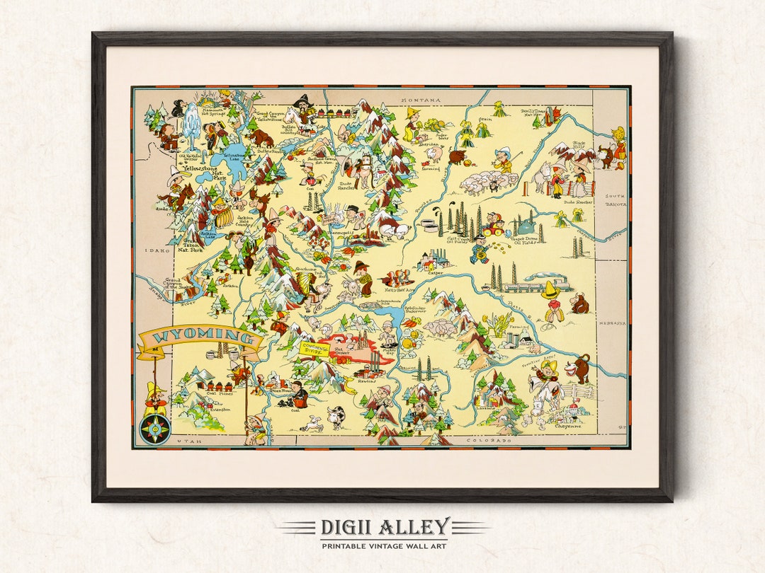 Fun State Map of Wyoming – Digital Download PRINTABLE Vintage Pictorial ...
