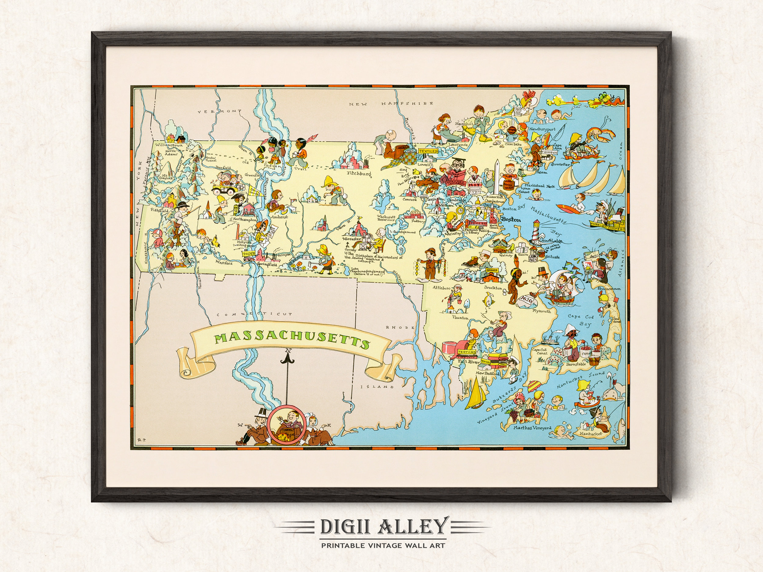 Fun State Map of Massachusetts – Digital Download PRINTABLE Vintage ...