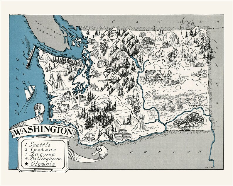 Pictorial Map of Washington – Digital Download PRINTABLE Vintage Fun ...
