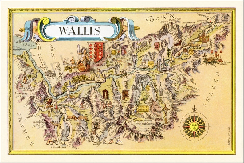 Fun Map of Wallis in Switzerland – Digital Download PRINTABLE Vintage ...
