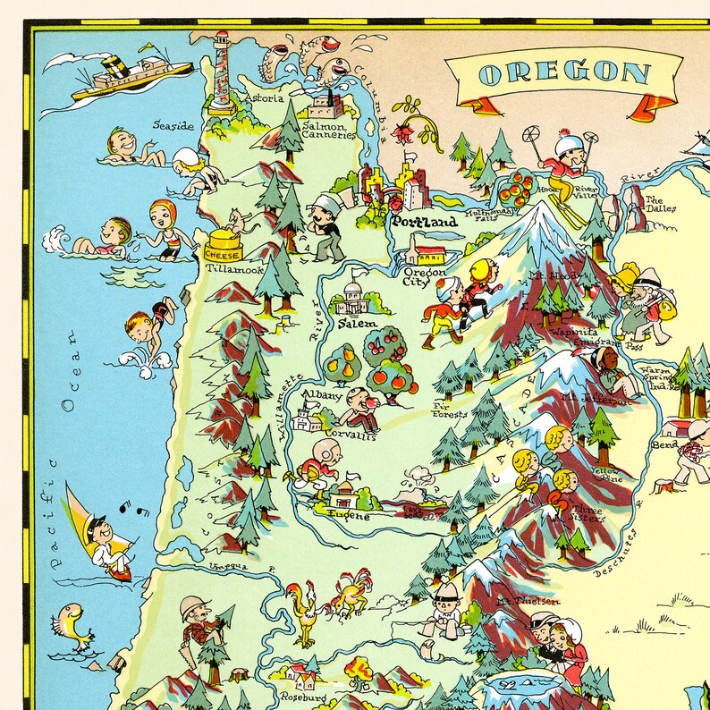 Fun State Map of Oregon Digital Download PRINTABLE Vintage Pictorial ...