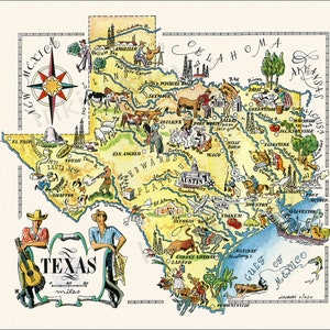 Fun State Map of Texas – Digital Download PRINTABLE Vintage Pictorial ...