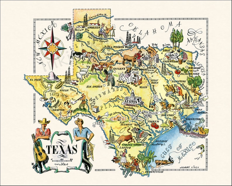 Fun State Map of Texas – Digital Download PRINTABLE Vintage Pictorial ...