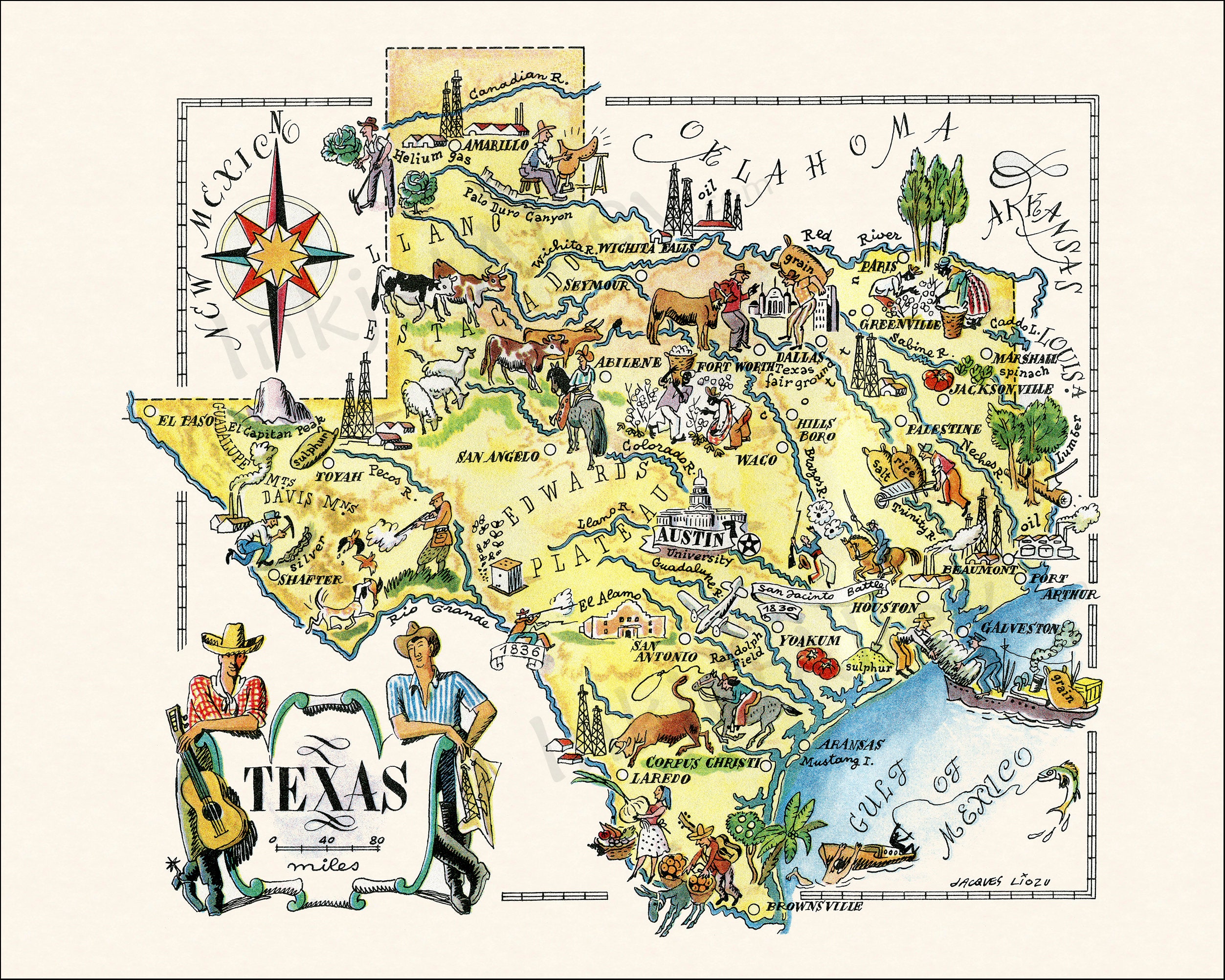 Fun State Map of Texas – Digital Download PRINTABLE Vintage Pictorial ...