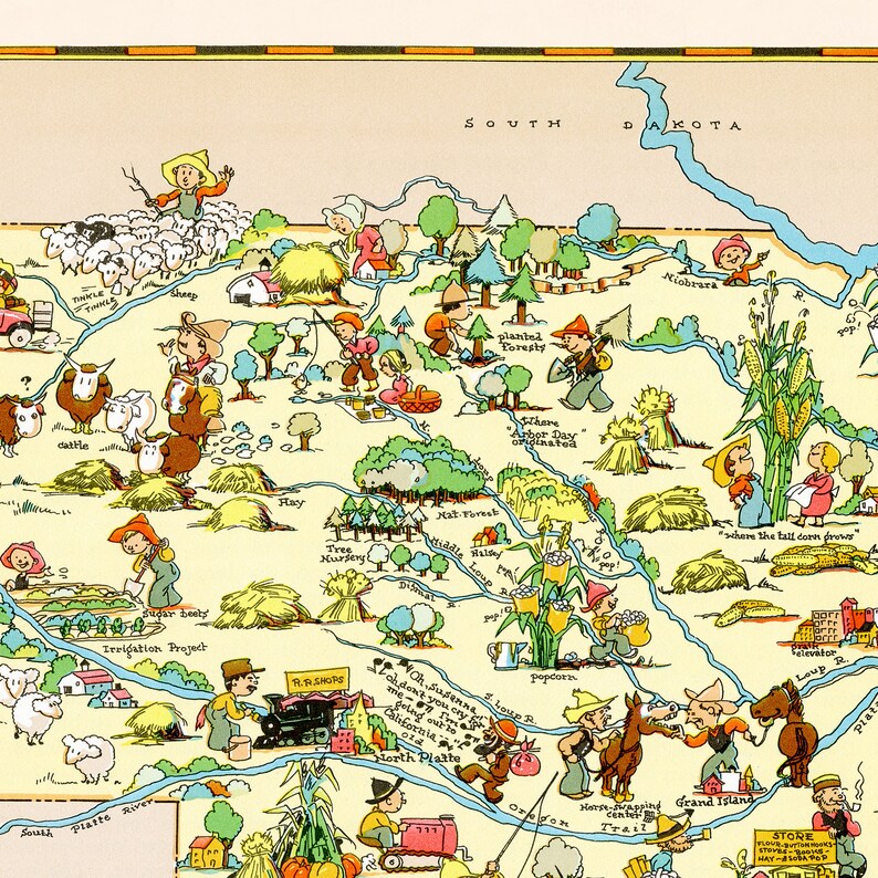 Fun State Map of Nebraska – Digital Download PRINTABLE Vintage ...