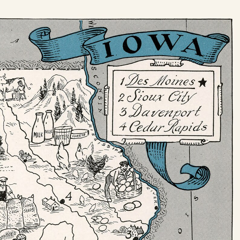 Pictorial Map of Iowa Digital Download PRINTABLE Vintage Fun - Etsy