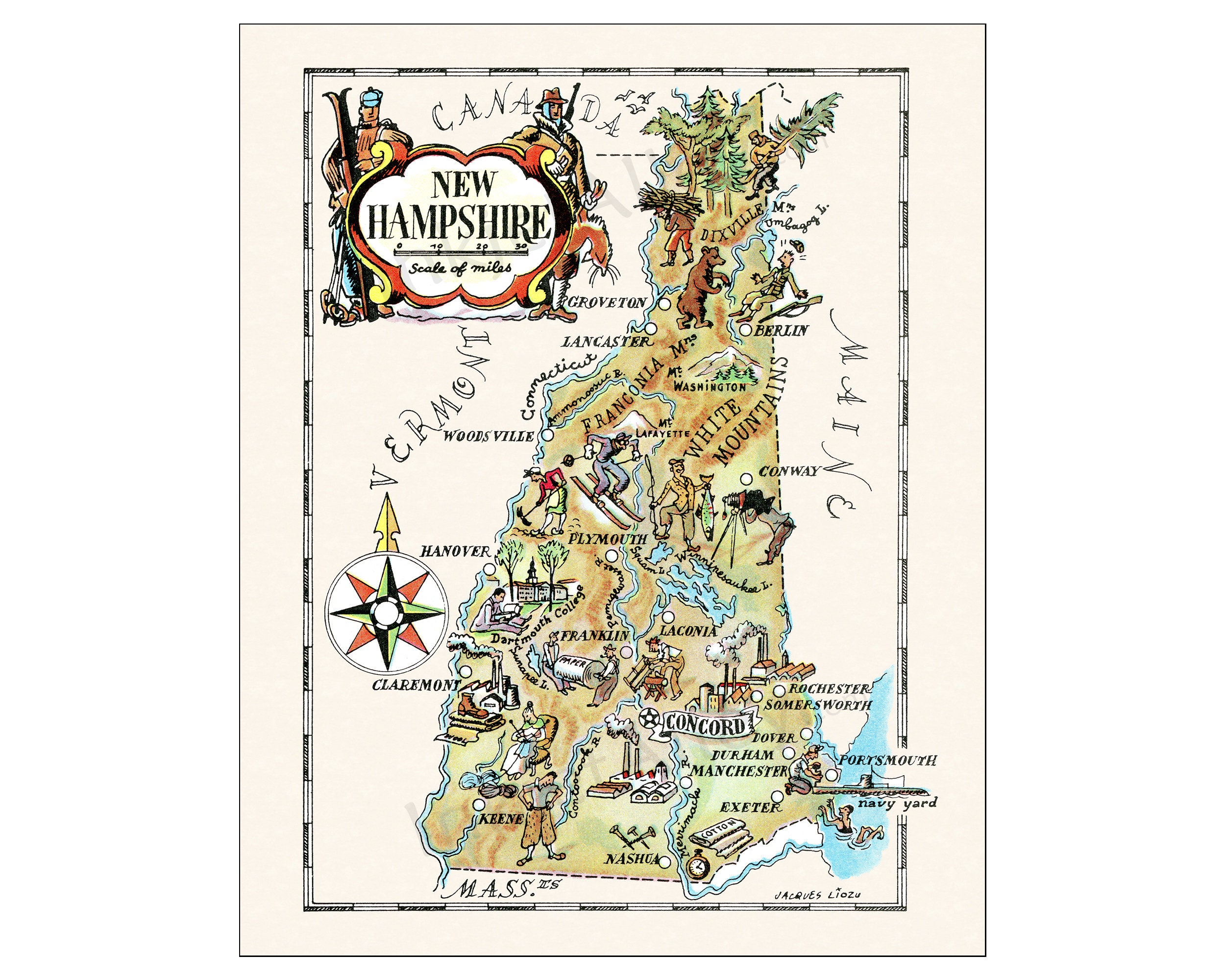 Fun State Map of New Hampshire – Digital Download PRINTABLE Vintage ...