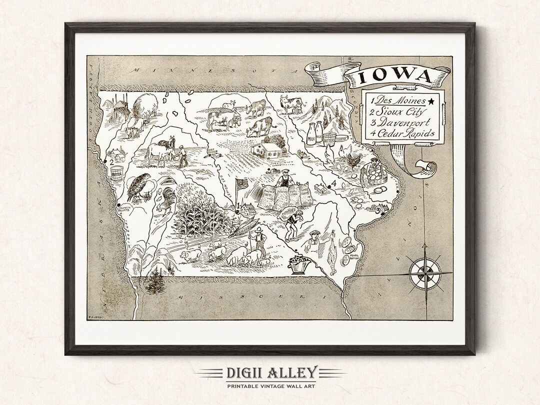 Pictorial State Map of Iowa – Digital Download PRINTABLE Vintage Fun ...