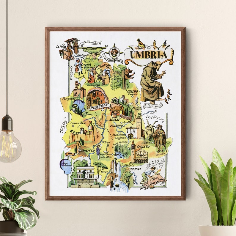 Fun Map of Italy Umbria – Digital Download PRINTABLE Vintage Pictorial ...