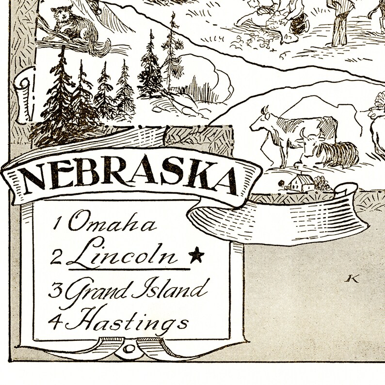 Pictorial State Map of Nebraska – Digital Download PRINTABLE Vintage ...