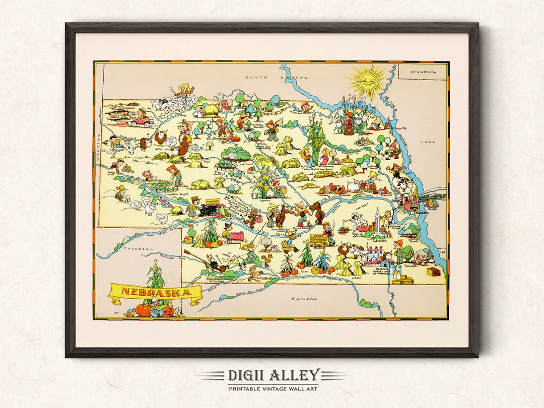 Fun State Map of Nebraska – Digital Download PRINTABLE Vintage ...