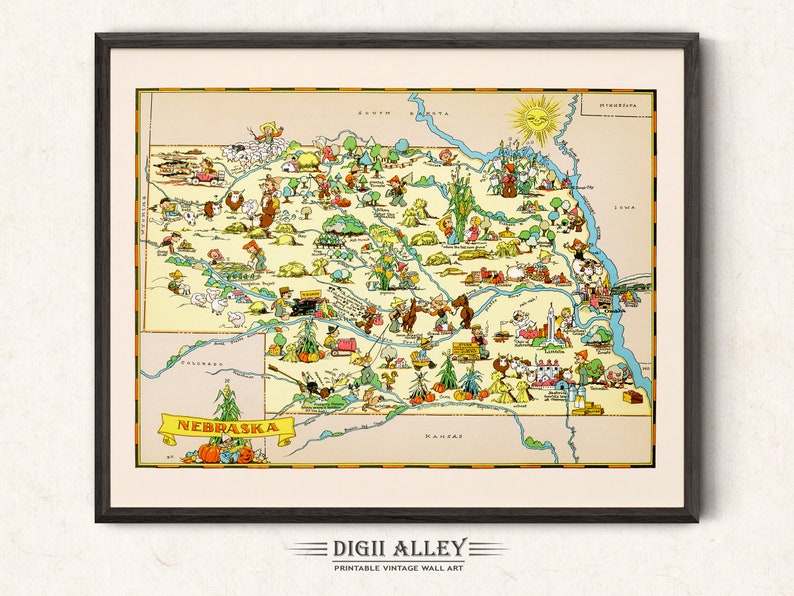 Fun State Map of Nebraska Digital Download PRINTABLE Vintage - Etsy
