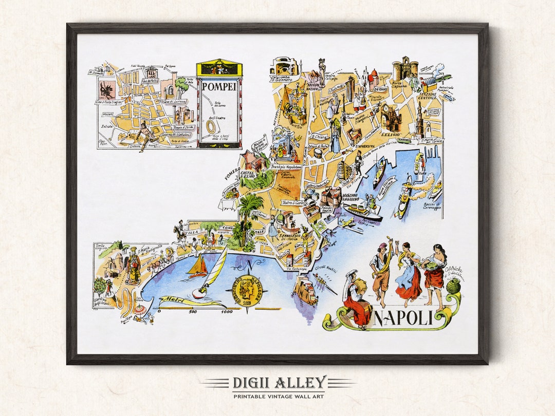 Fun Map of Italy Naples Pompei – Digital Download PRINTABLE Vintage ...