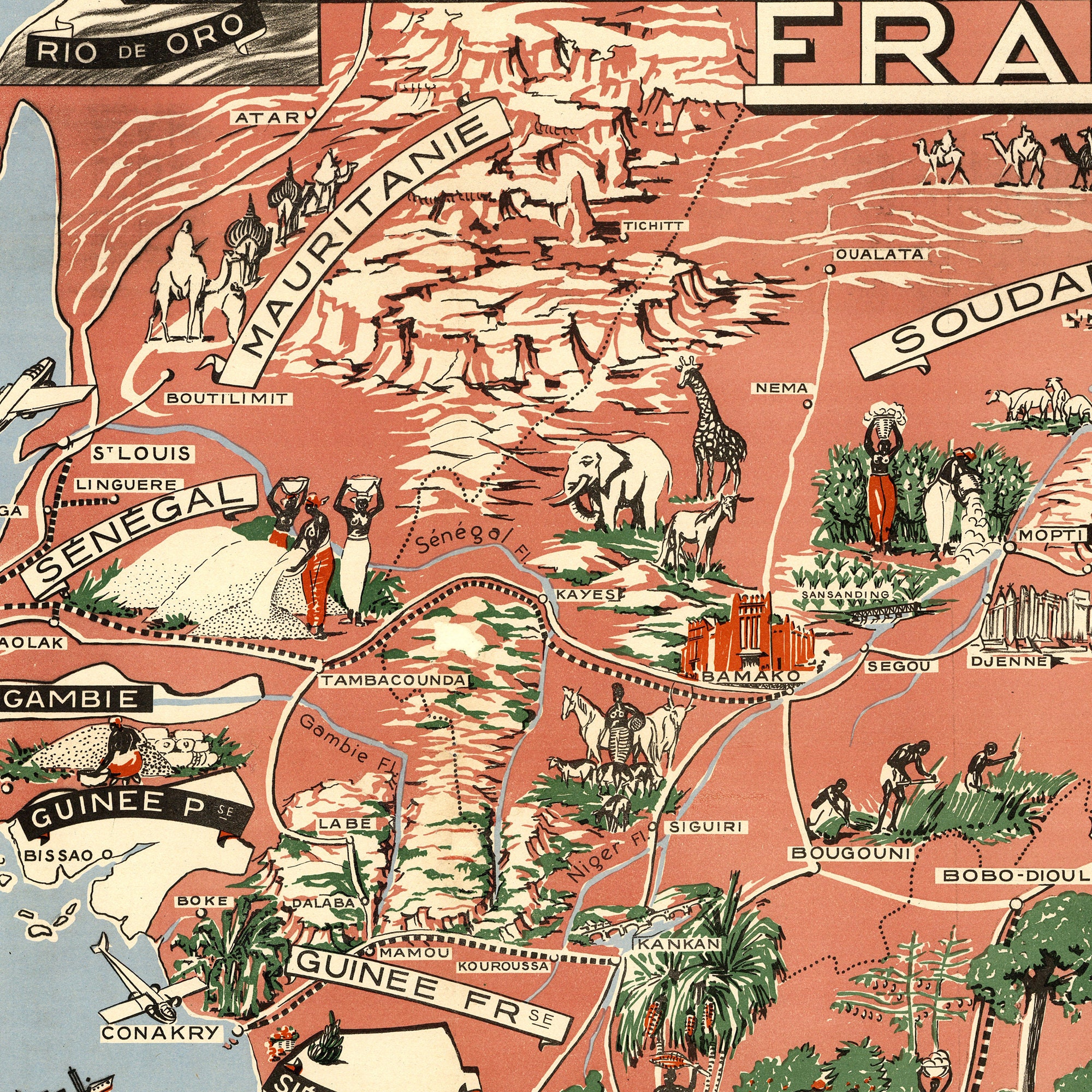Fun Map of French West Africa –digital Download PRINTABLE Vintage Old Pictorial Map Illustration ...