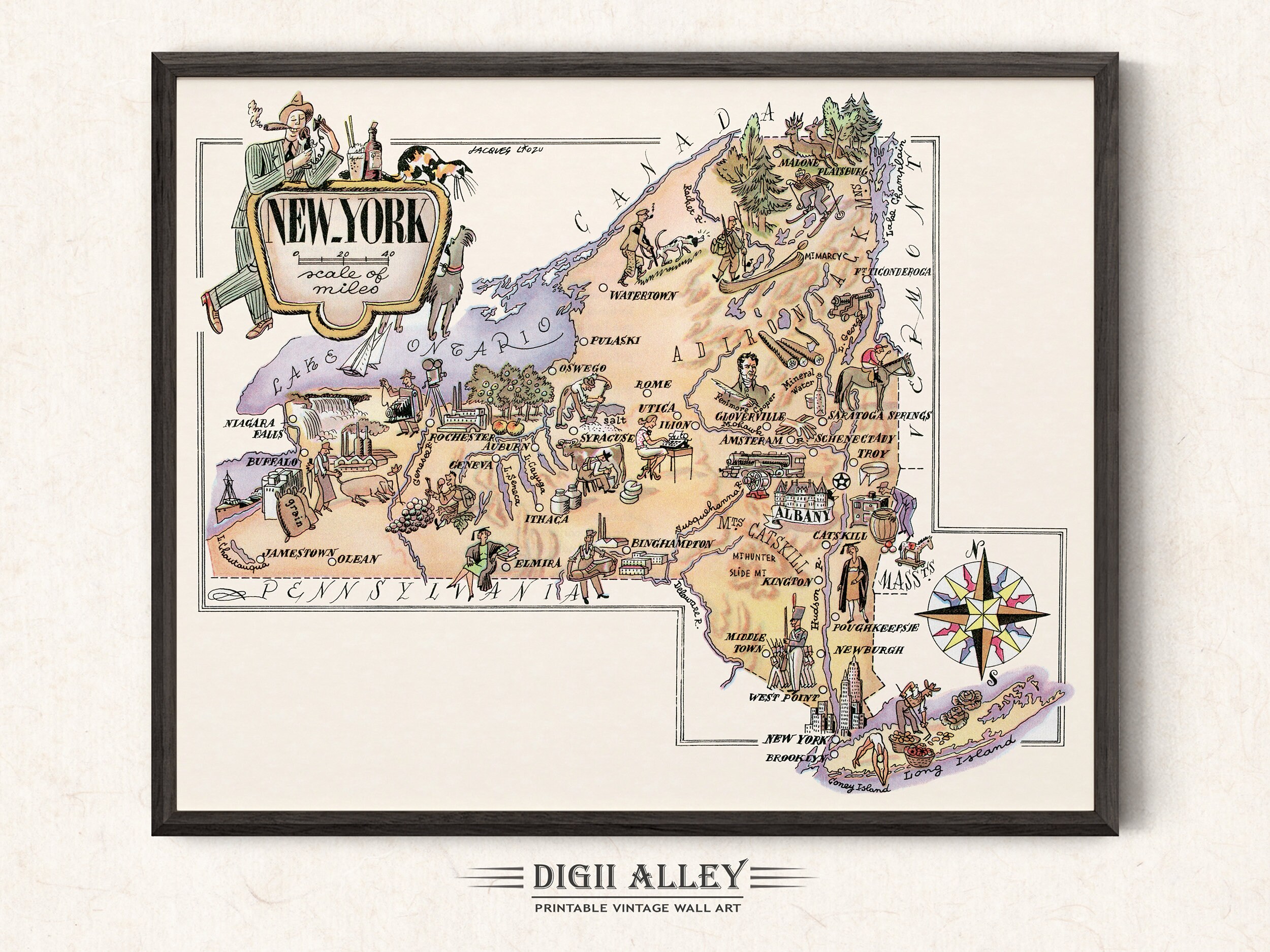 Fun State Map of New York – Digital Download PRINTABLE Vintage ...