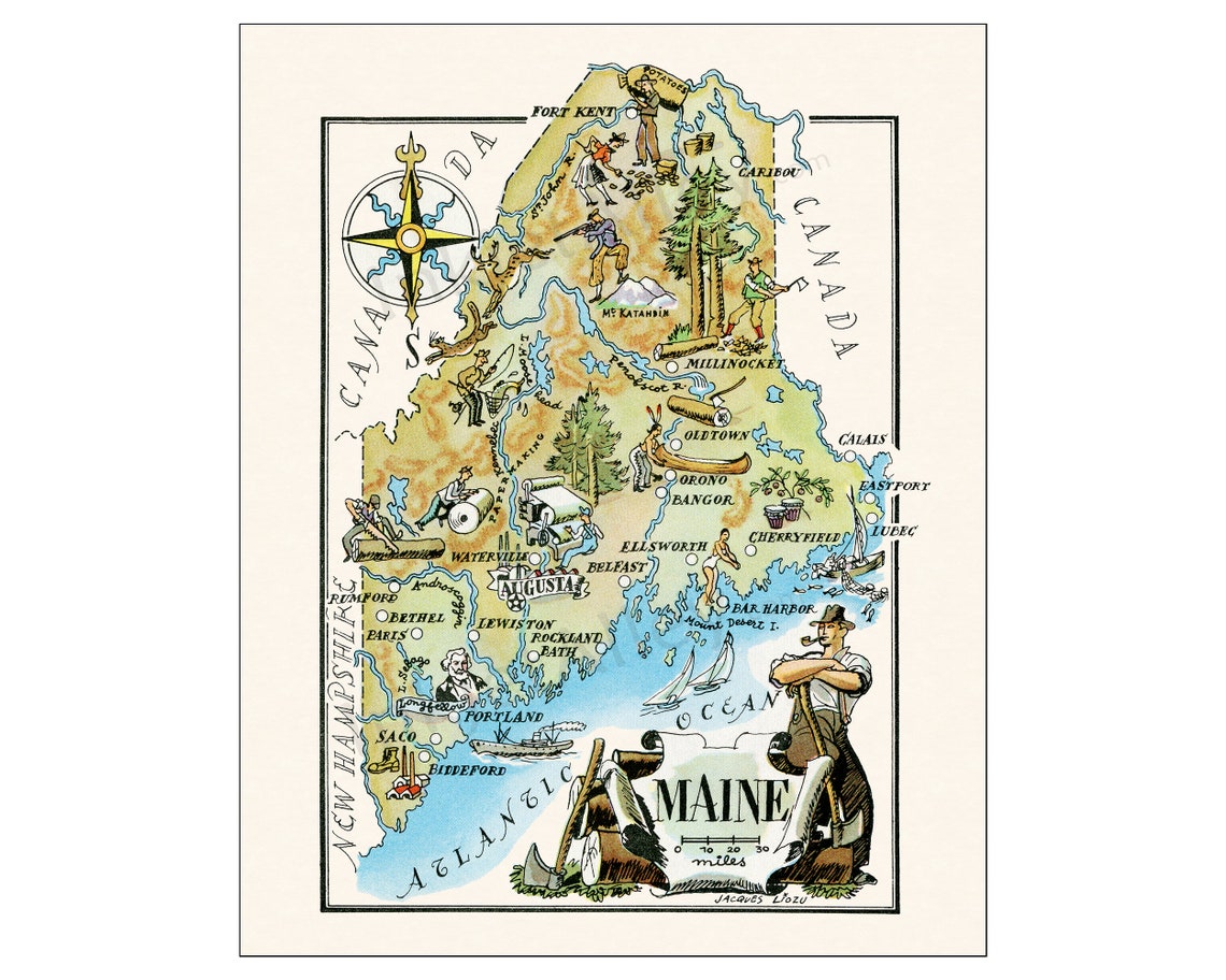 Fun State Map of Maine – Digital Download PRINTABLE Vintage Pictorial ...
