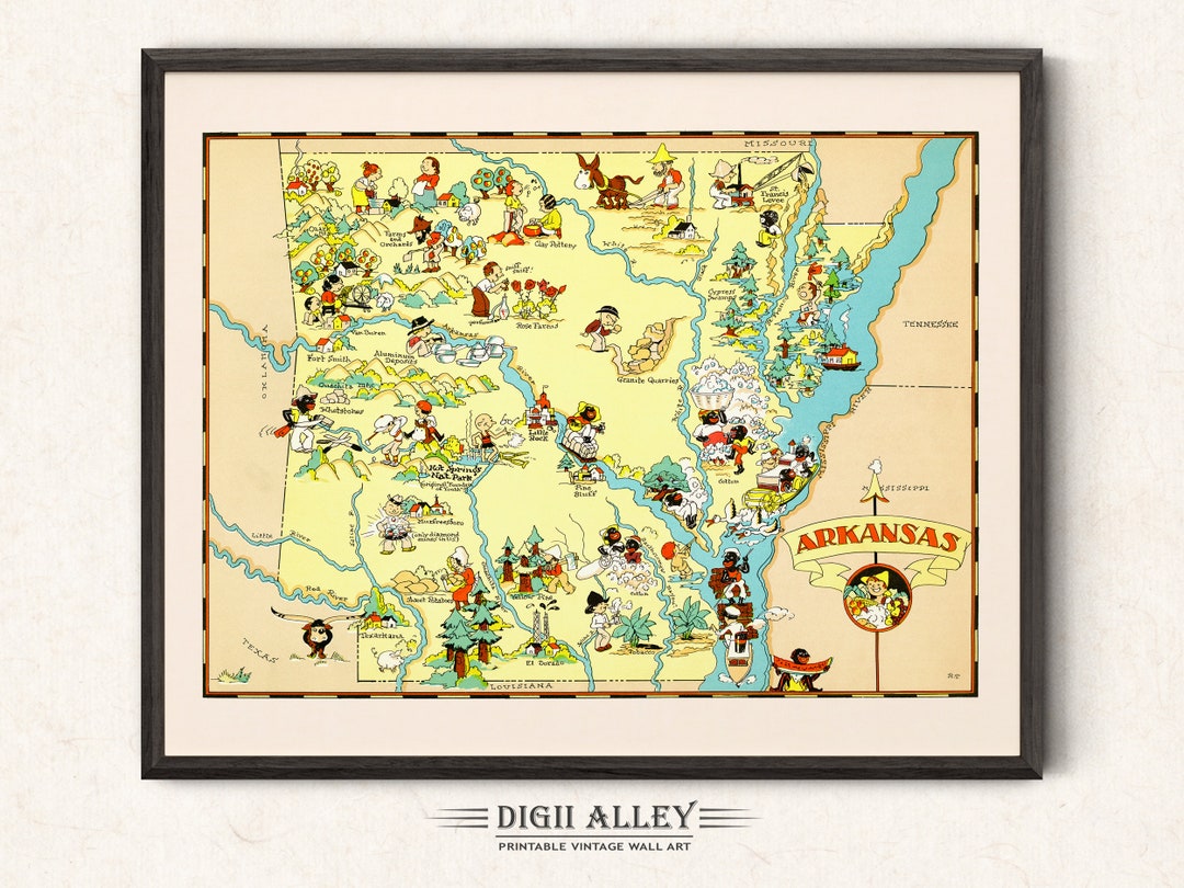 Fun State Map of Arkansas – Digital Download PRINTABLE Vintage ...