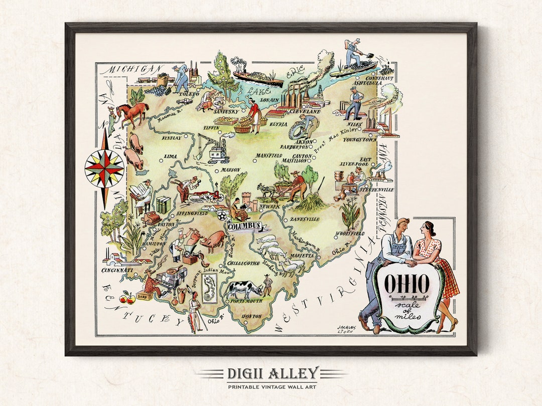 Fun State Map of Ohio – Digital Download PRINTABLE Vintage Pictorial ...