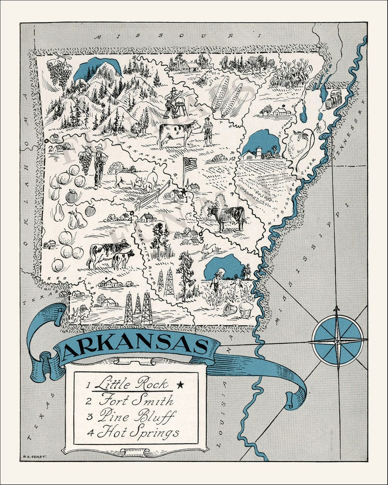 Pictorial Map of Arkansas – Digital Download PRINTABLE Vintage Fun Old ...