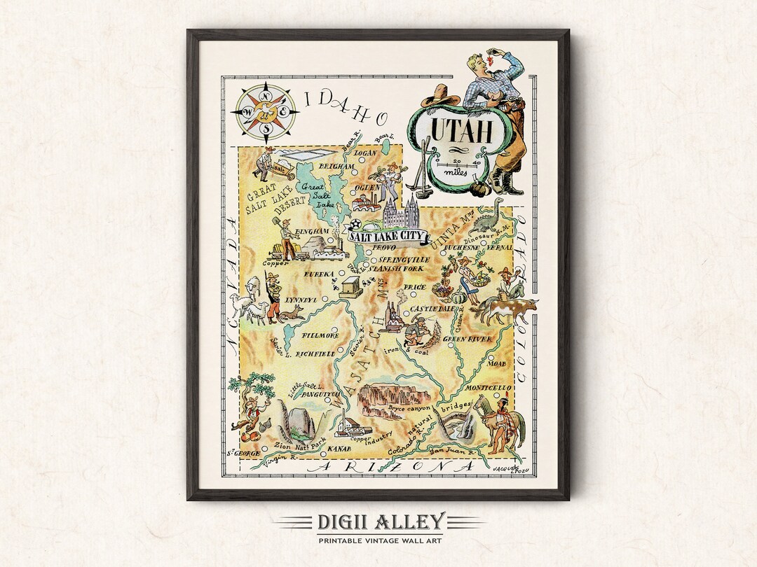 Fun State Map of Utah Digital Download PRINTABLE Vintage Pictorial Wall ...