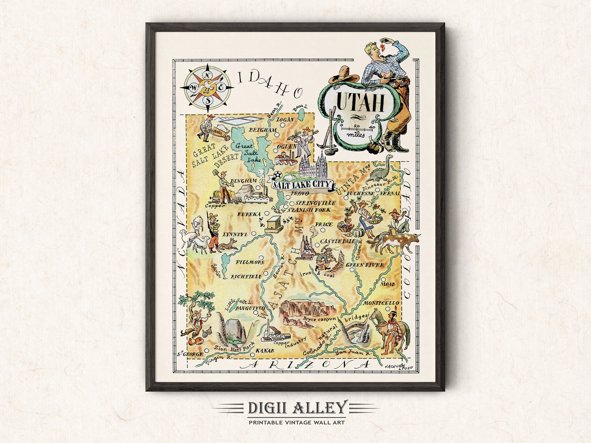 Fun State Map of Utah Digital Download PRINTABLE Vintage Pictorial Wall ...