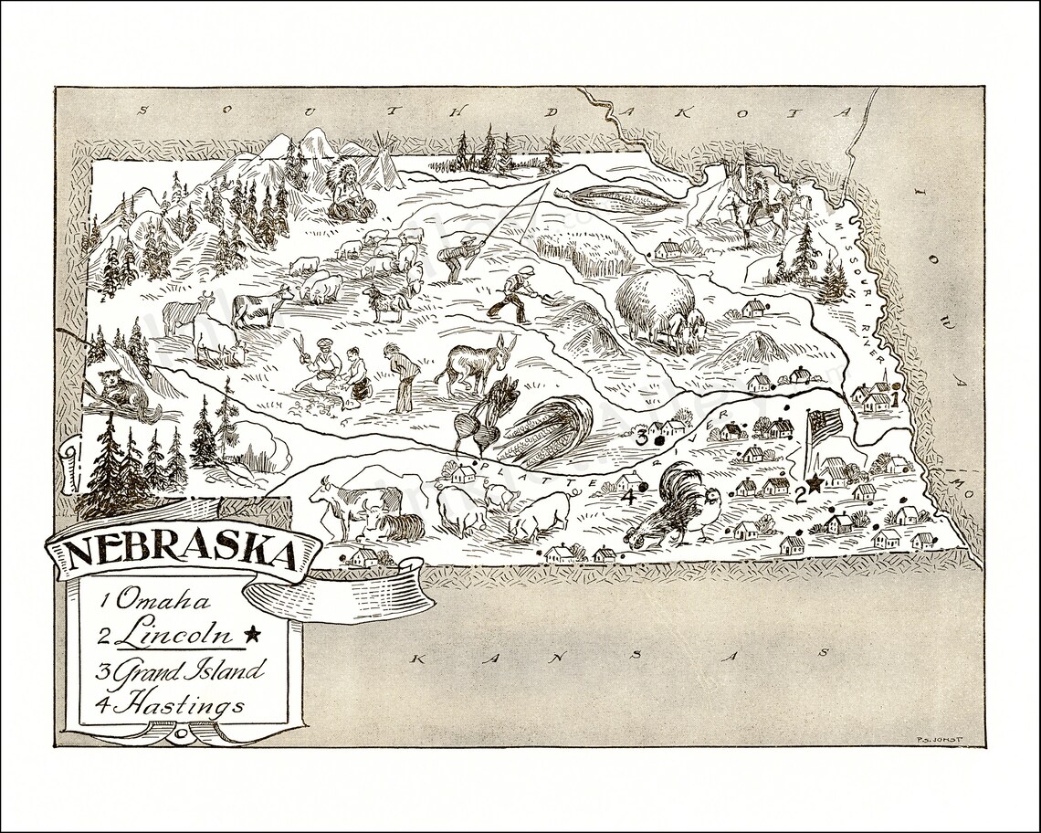 Pictorial State Map of Nebraska – Digital Download PRINTABLE Vintage ...