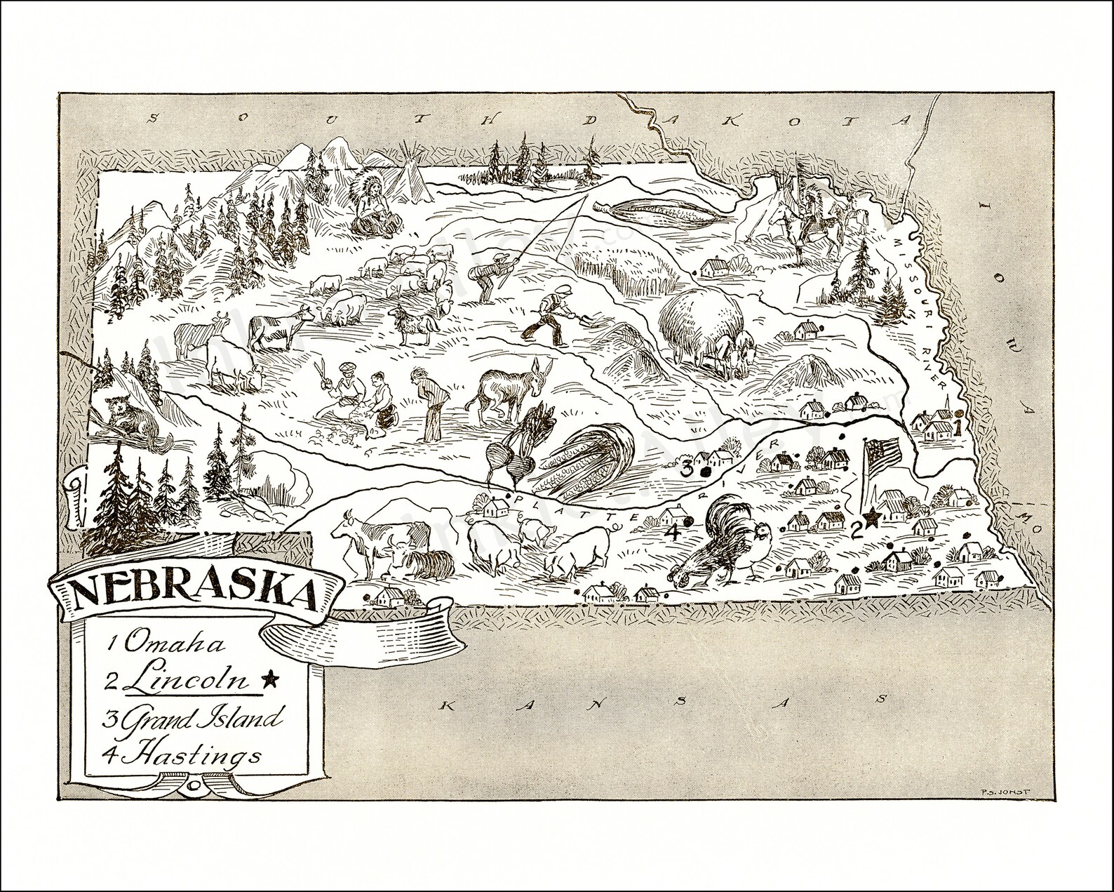 Pictorial State Map of Nebraska – Digital Download PRINTABLE Vintage ...