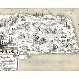 Pictorial State Map of Nebraska – Digital Download PRINTABLE Vintage ...