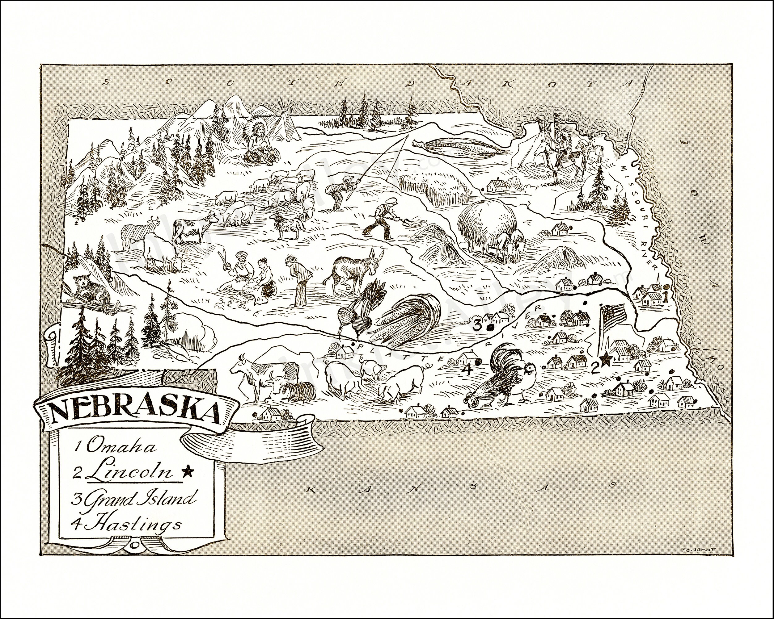 Pictorial State Map of Nebraska – Digital Download PRINTABLE Vintage ...