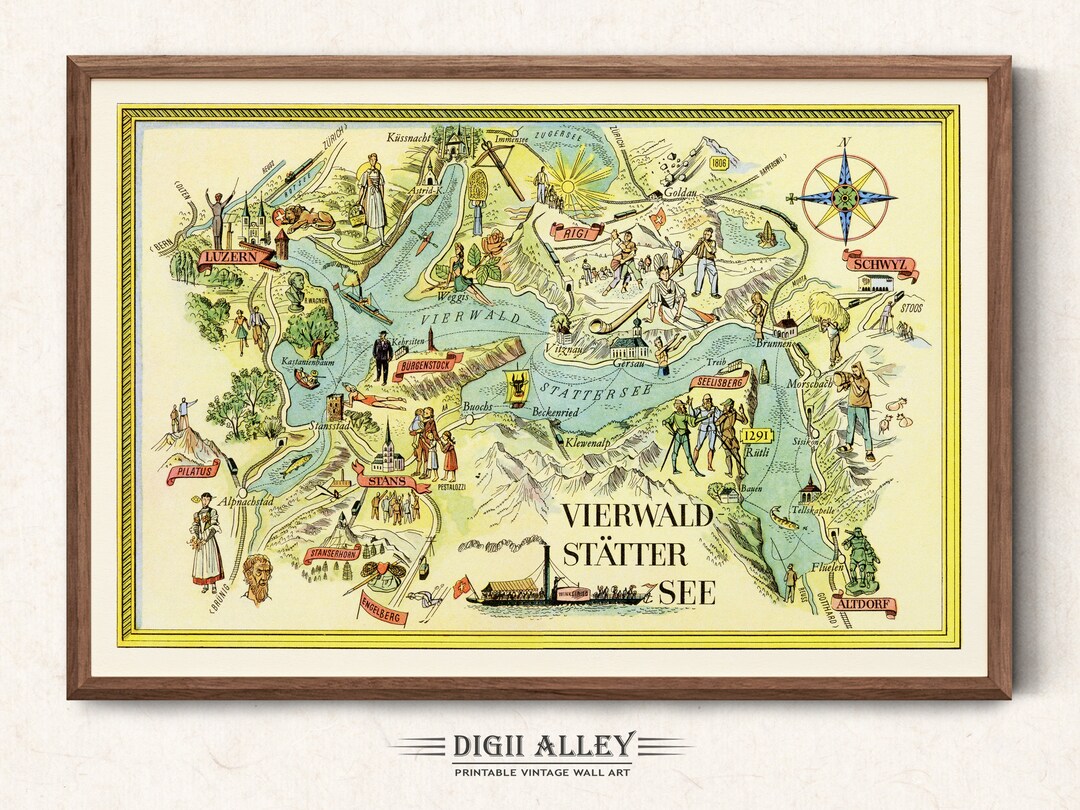 Fun Map of Vierwaldstattersee in Switzerland – Digital Download ...