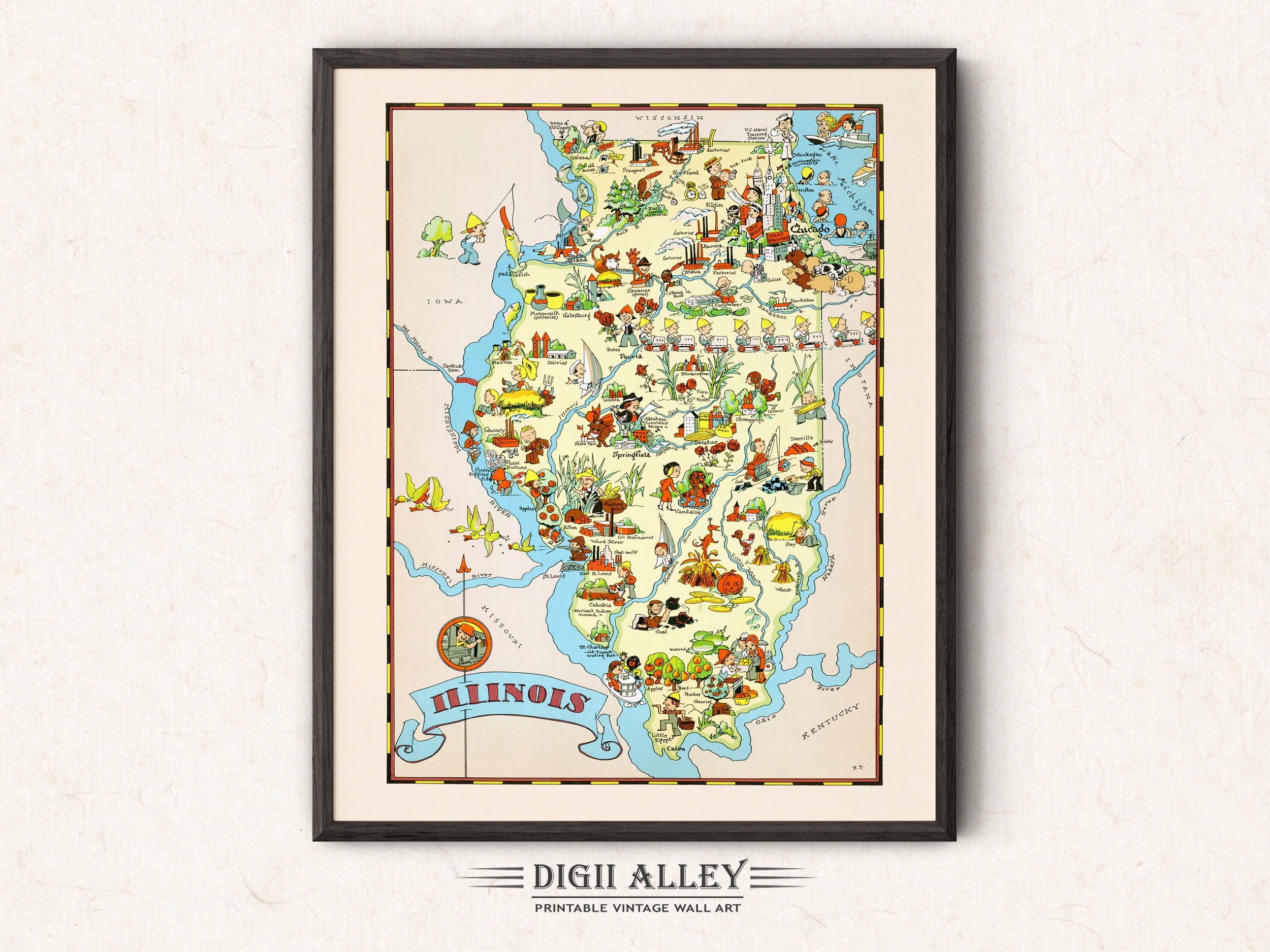 Fun State Map of Illinois – Digital Download PRINTABLE Vintage ...