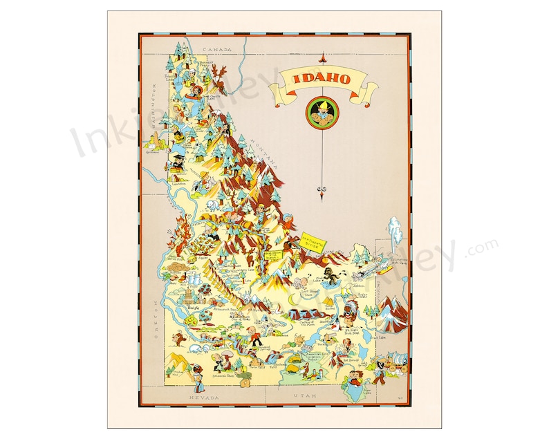 Fun State Map of Idaho – Digital Download PRINTABLE Vintage Pictorial ...