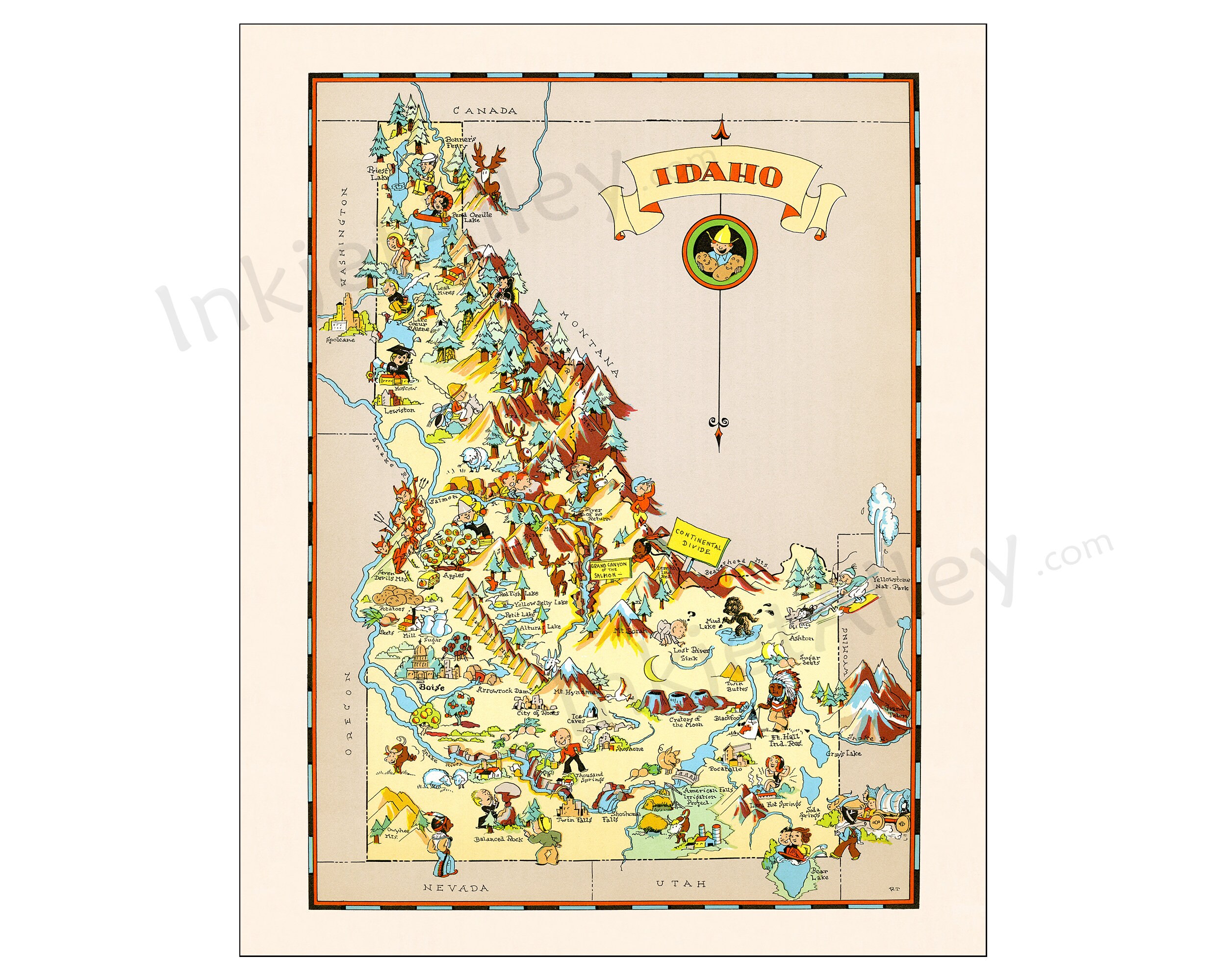 Fun State Map of Idaho – Digital Download PRINTABLE Vintage Pictorial ...