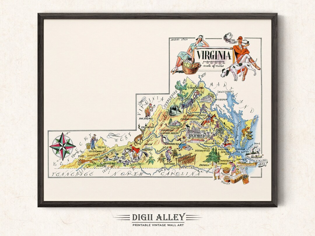 Fun State Map of Virginia – Digital Download PRINTABLE Vintage ...