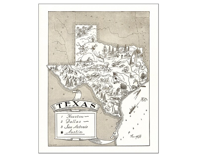 Pictorial State Map of Texas – Digital Download PRINTABLE Vintage Fun ...
