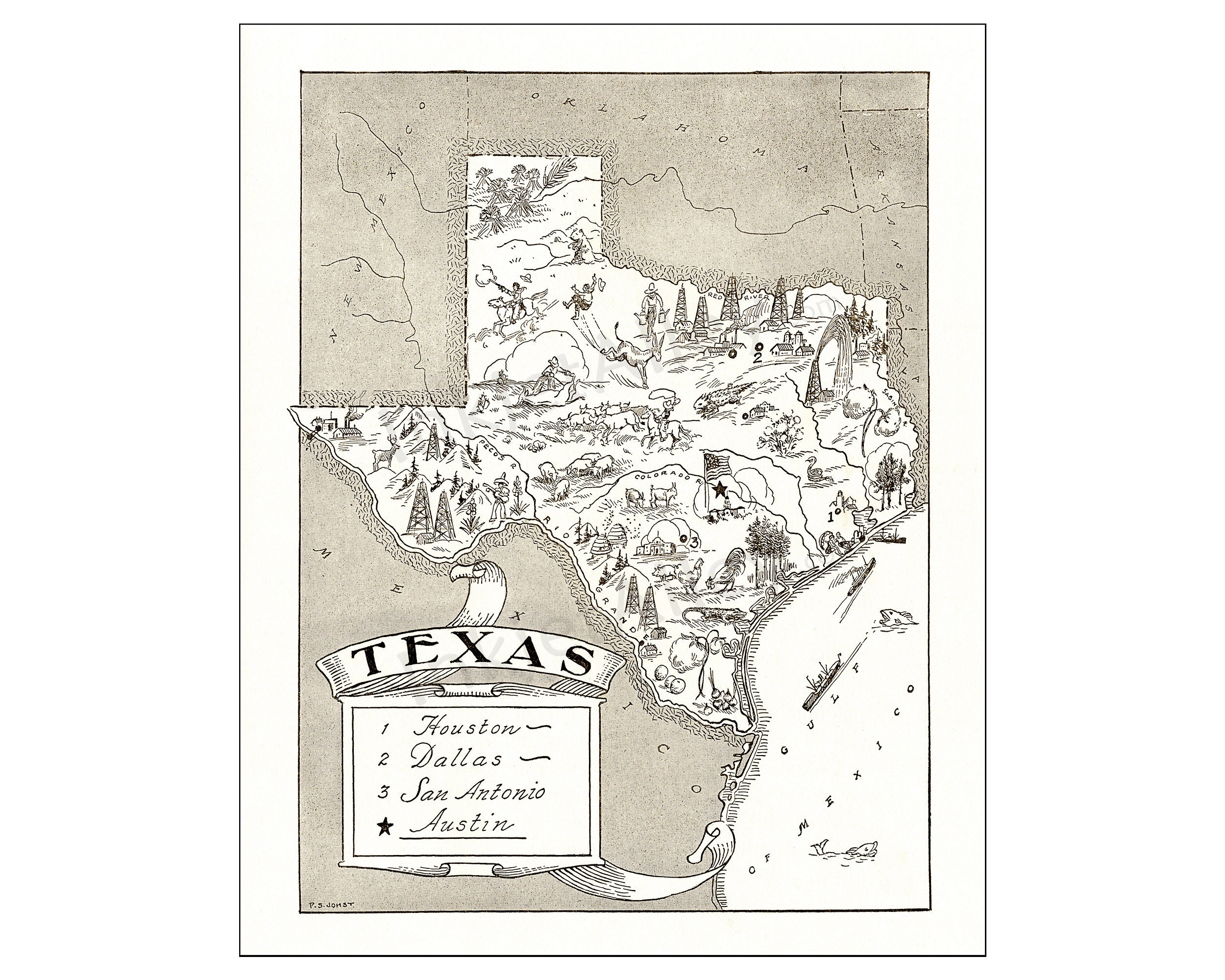 Pictorial State Map of Texas – Digital Download PRINTABLE Vintage Fun ...