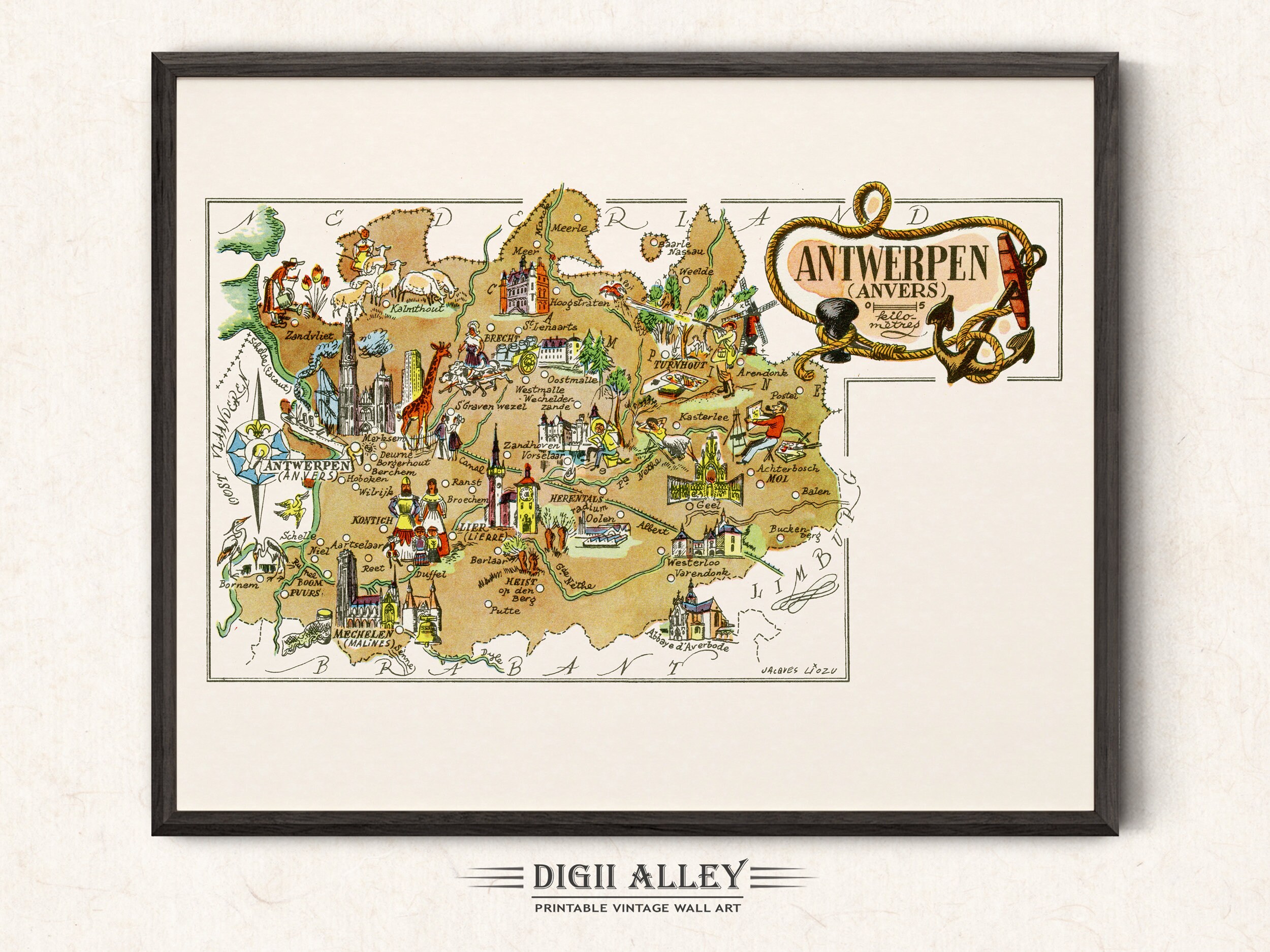 Fun Map of Antwerp, Belgium – Digital Download PRINTABLE Vintage Wall ...