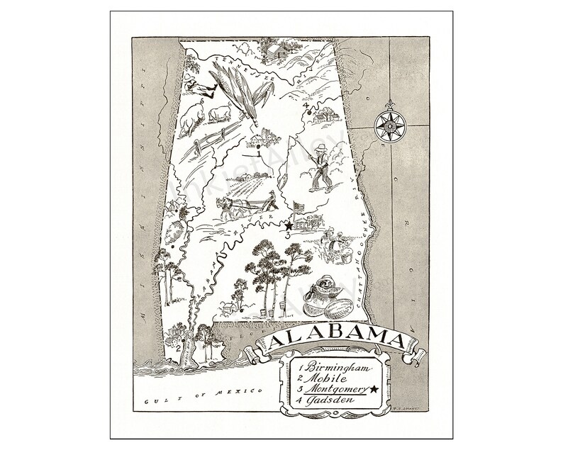 Pictorial State Map of Alabama – Digital Download PRINTABLE Vintage Fun ...