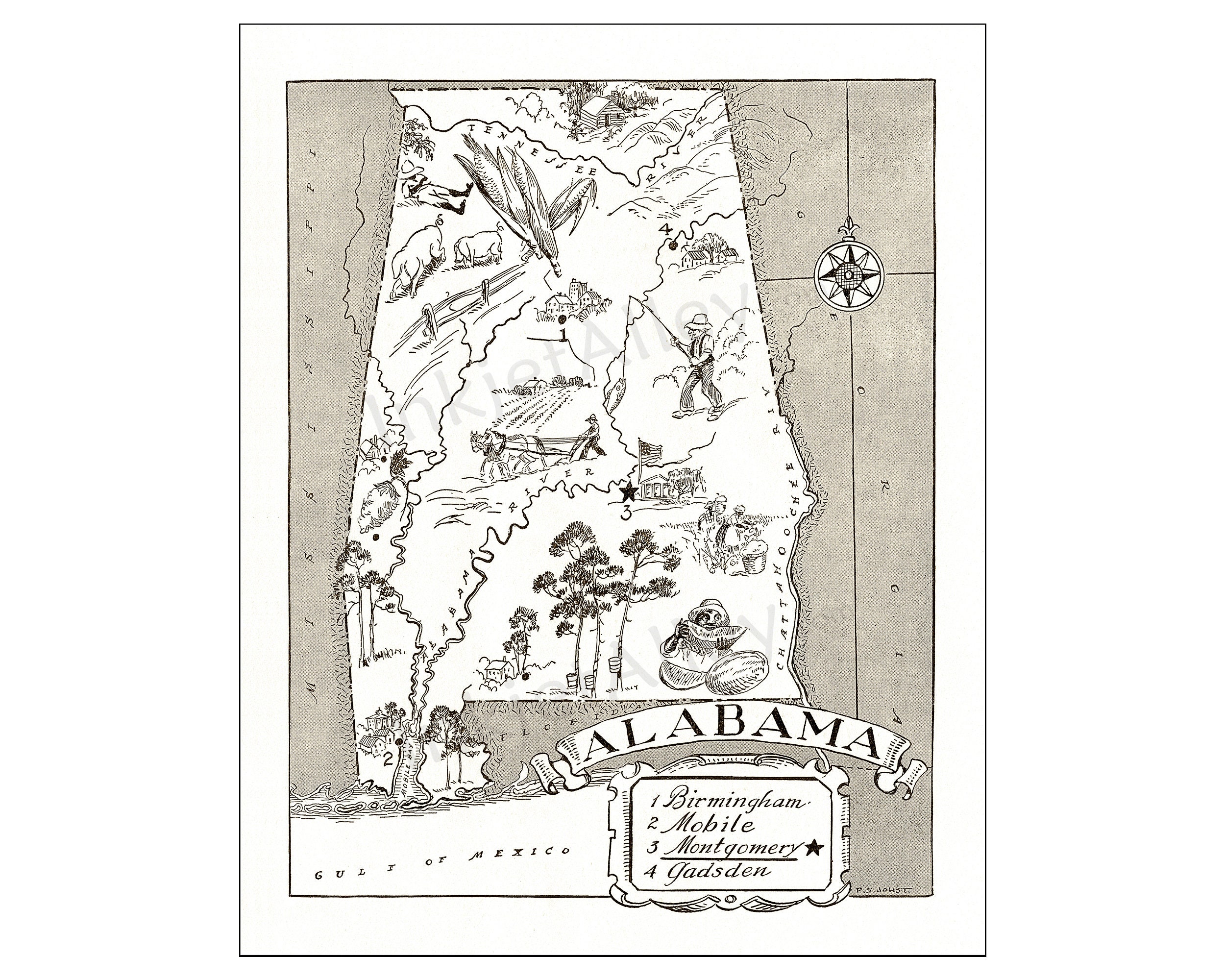 Pictorial State Map of Alabama – Digital Download PRINTABLE Vintage Fun ...