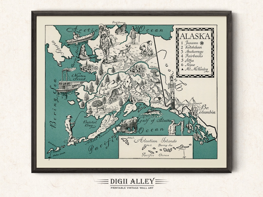 Fun Map of Alaska – Digital Download PRINTABLE Vintage Pictorial Wall ...